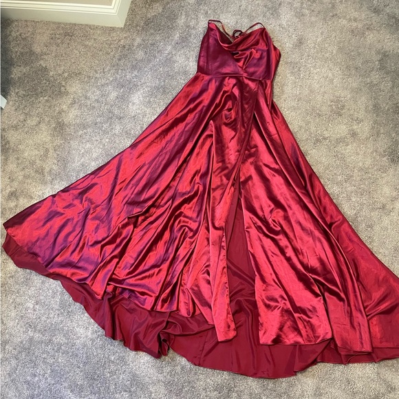 Dresses | Red Flowy Dress With Leg Slit | Poshmark